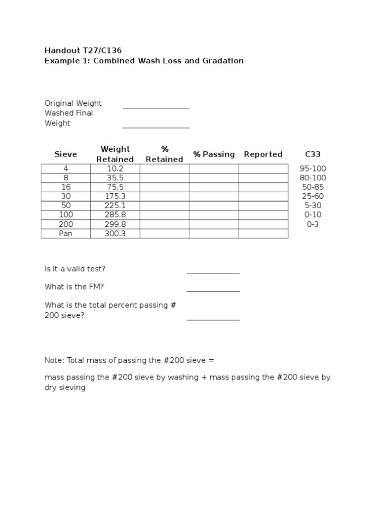 Handout T27/C136 Example 1: Combined Wash Loss and Gradation | PDF