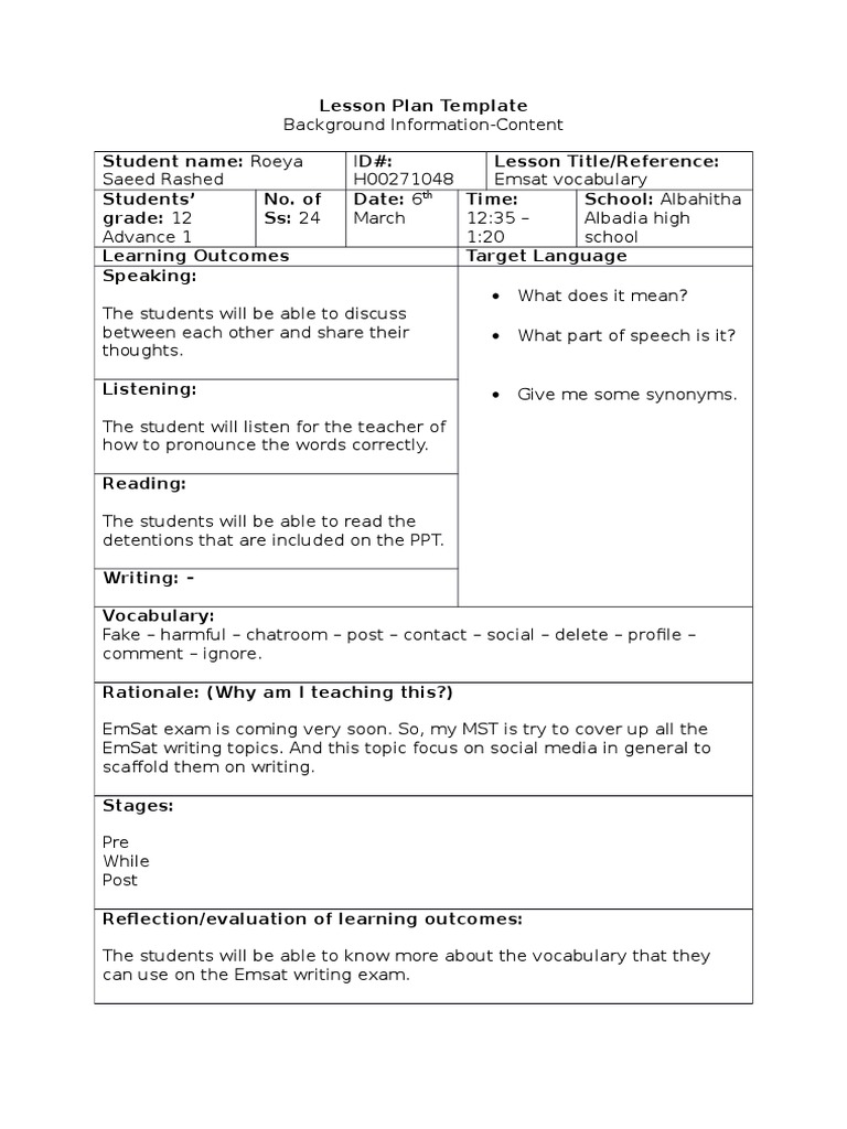 lesson plan template - emsat vocabulary | Vocabulary | Lesson Plan