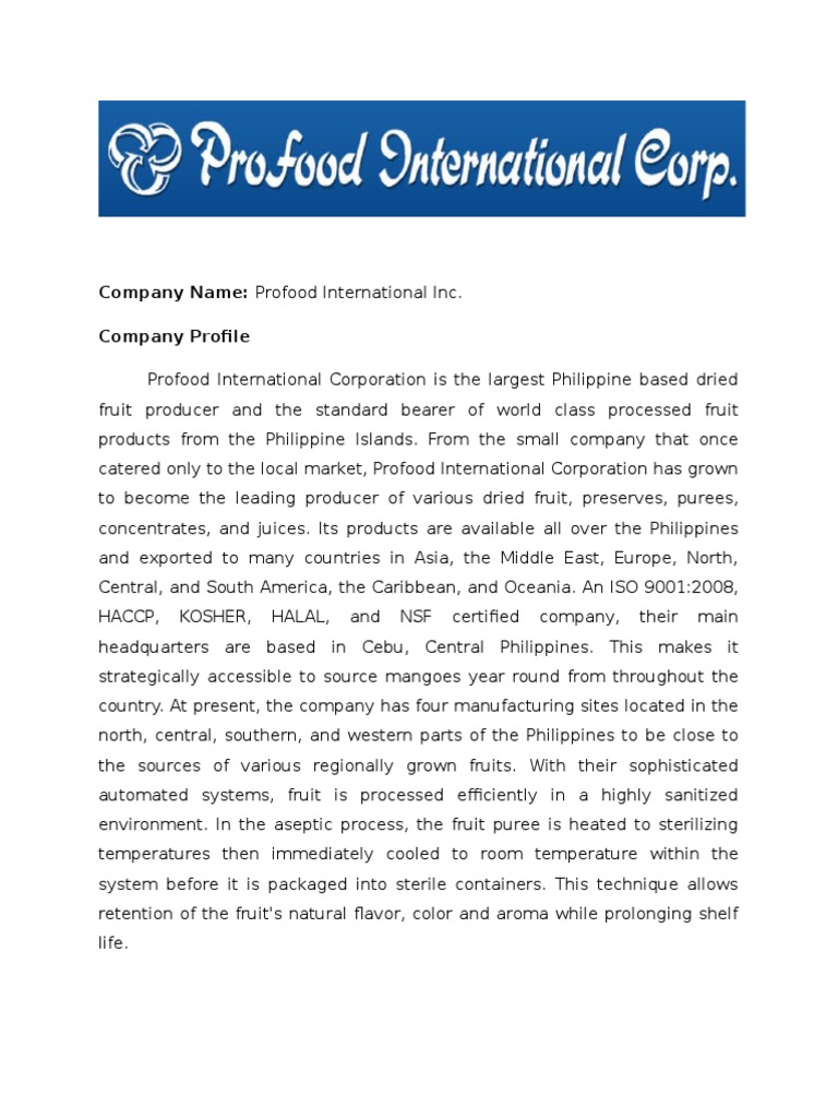 Company Name: Profood International Inc. Company Profile | PDF ...