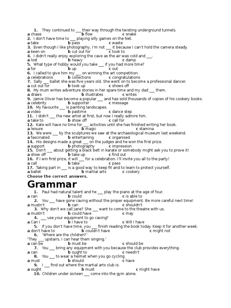 Grammar: Choose The Correct Answers | PDF | Hobbies | Leisure