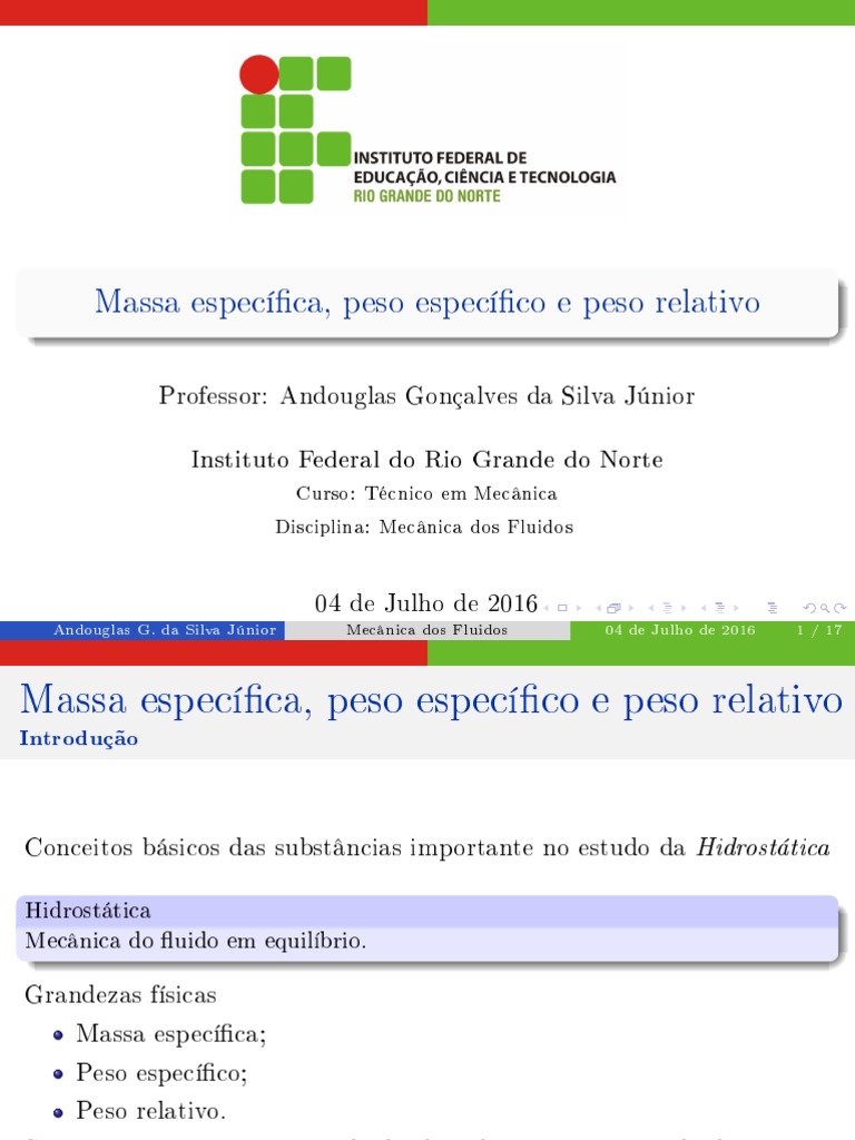 Aula 1 - Massa Especifica - Peso Especifico e Peso Relativo | PDF ...