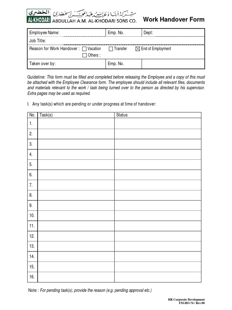 Work Handover Form Template | PDF