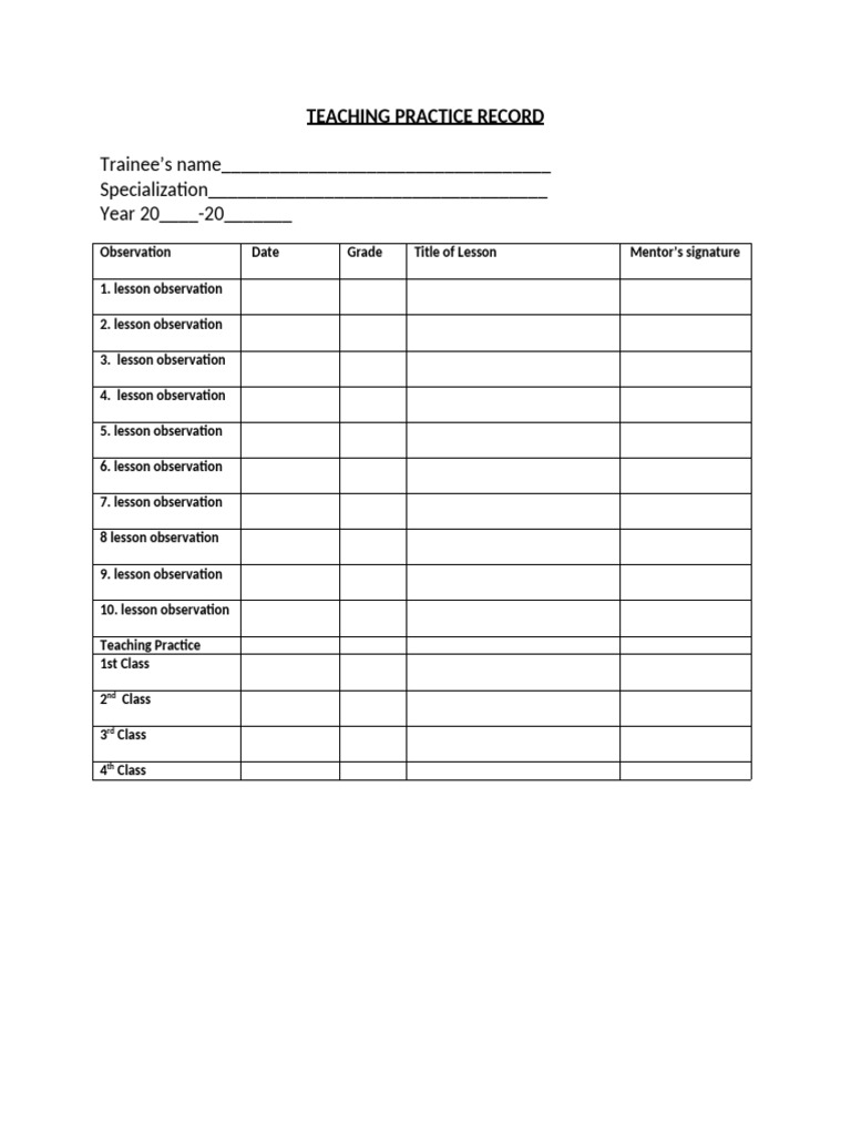 Teaching Practice Record Template | PDF