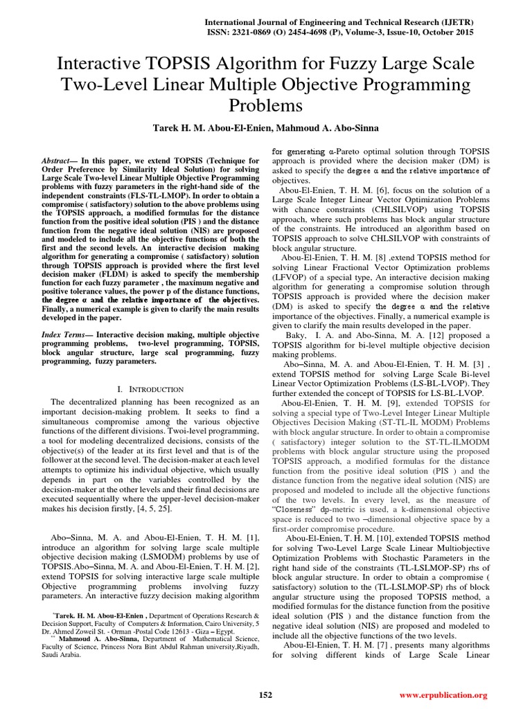 Interactive TOPSIS Algorithm For Fuzzy Large Scale Two-Level Linear Multiple Objective ...