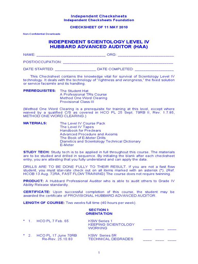 Independent Scientology Level Iv Hubbard Advanced Auditor (Haa) | PDF ...