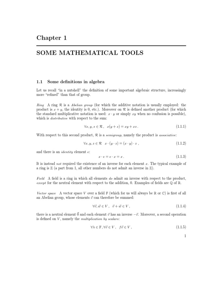 Some Mathematical Tools: 1.1 Some Definitions in Algebra | PDF ...
