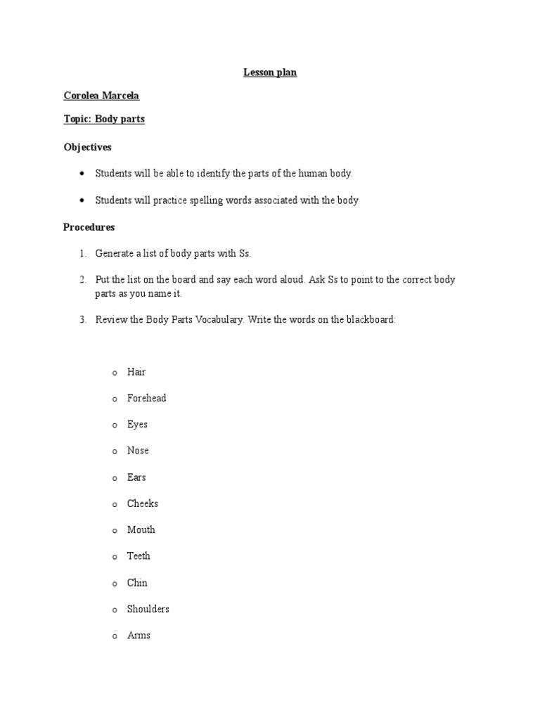 Lesson Plan Corolea Marcela Topic: Body Parts Objectives | PDF
