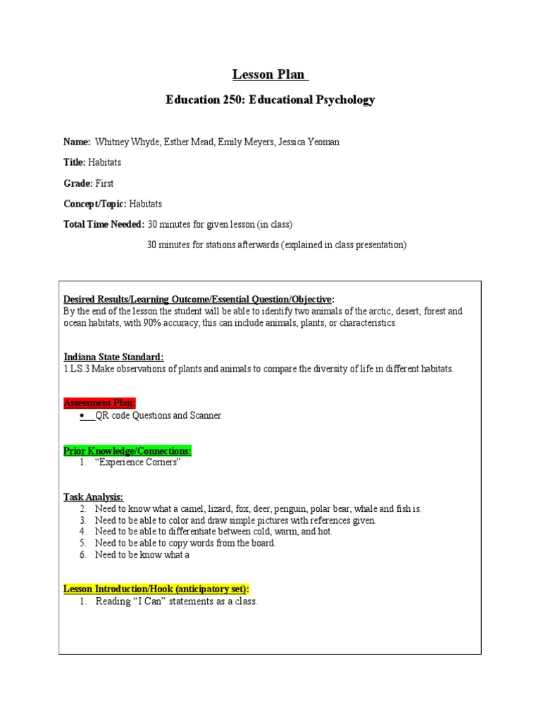Final Lesson Plan Educ 250 | PDF | Lesson Plan | Pedagogy
