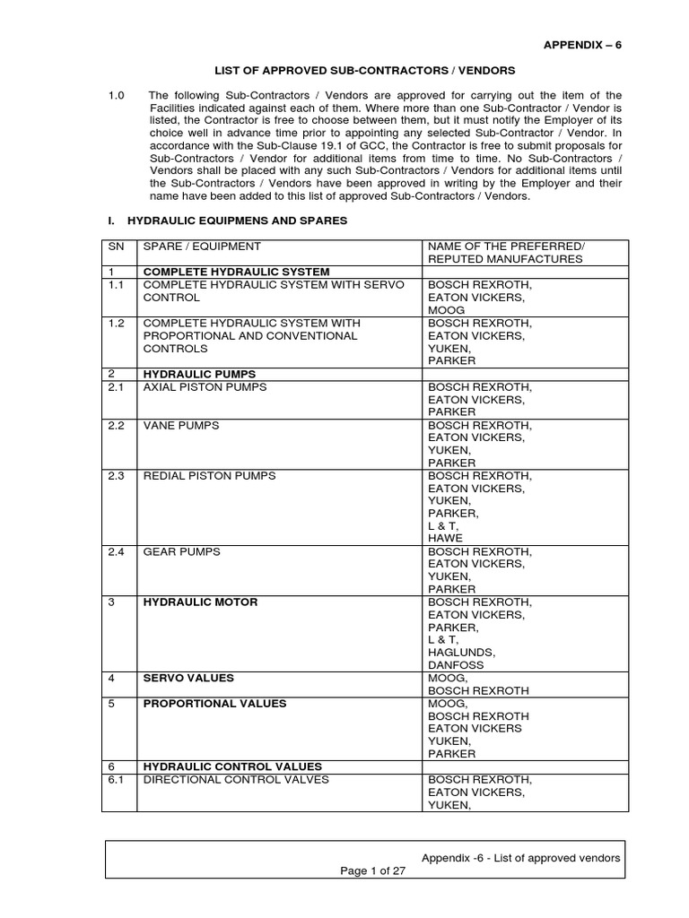 Appendix – 6 List Of Approved Sub-Contractors / Vendors