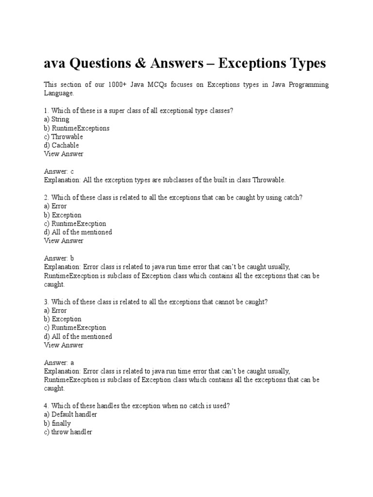 Ava Questions And Answers Exceptions Types Pdf Java Programming Language Inheritance