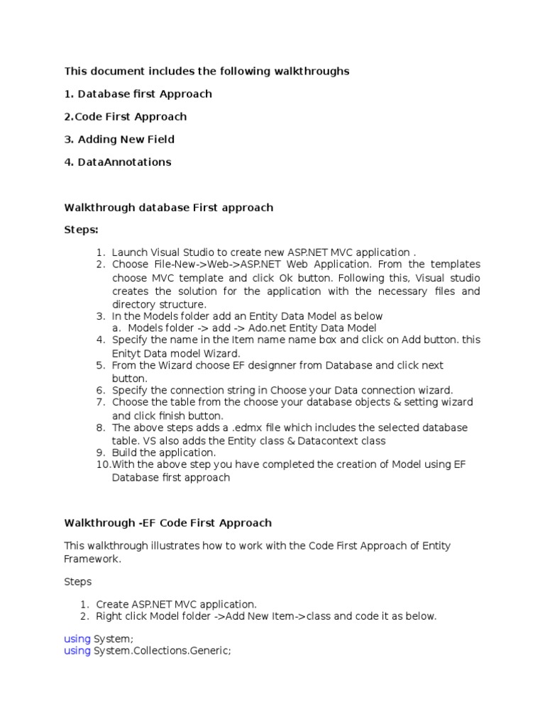 This Document Includes The Following Walkthroughs 1. Database First ...
