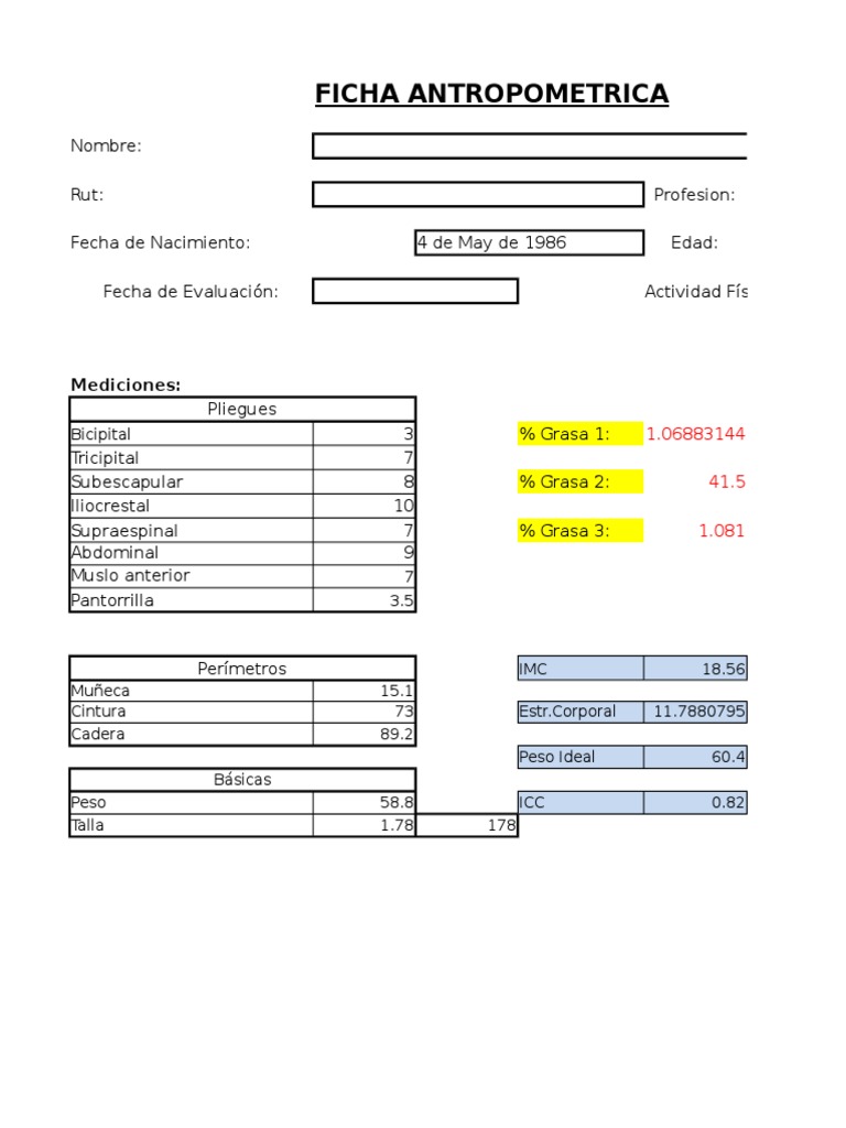 Ficha Antropometrica | Índice de masa corporal | Obesidad