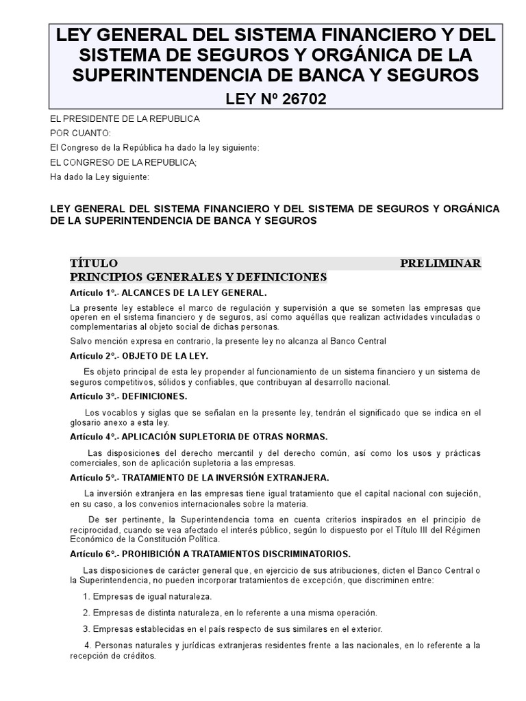 LEY - 26702 - 1996 Ley General Del Sistema Financiero y Del Sist de Seguros y Organica de La SBS ...