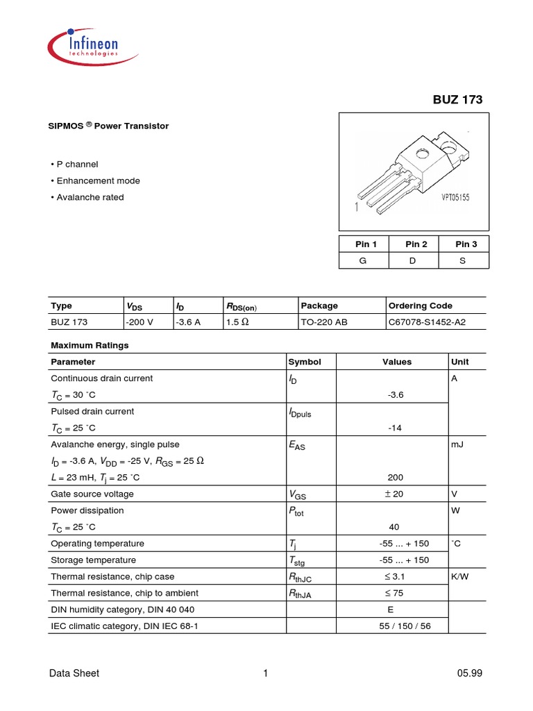 Sipmos Power Transistor: Data Sheet 1 05.99 | PDF | Diode | Field ...