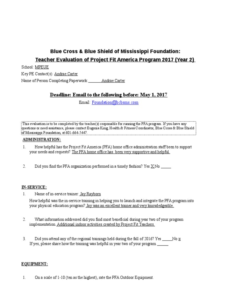 2017 PFA Teacher Evaluation Year 2 | PDF | Physical Education | Quality ...