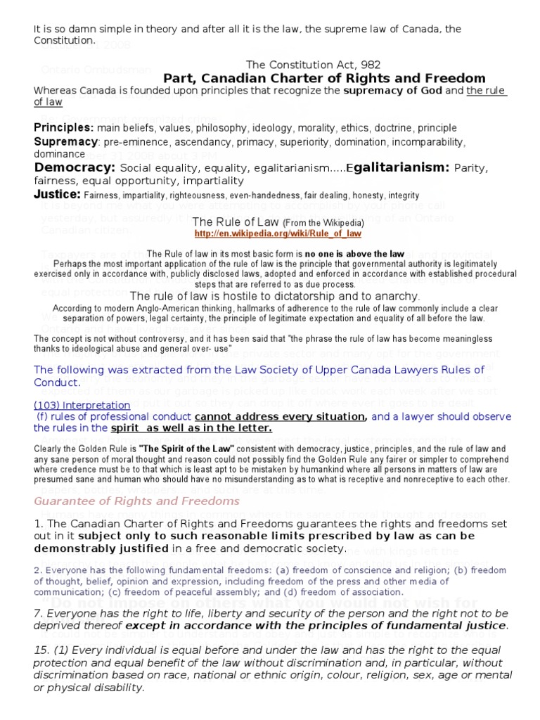 Part, Canadian Charter of Rights and Freedom: Principles Supremacy ...