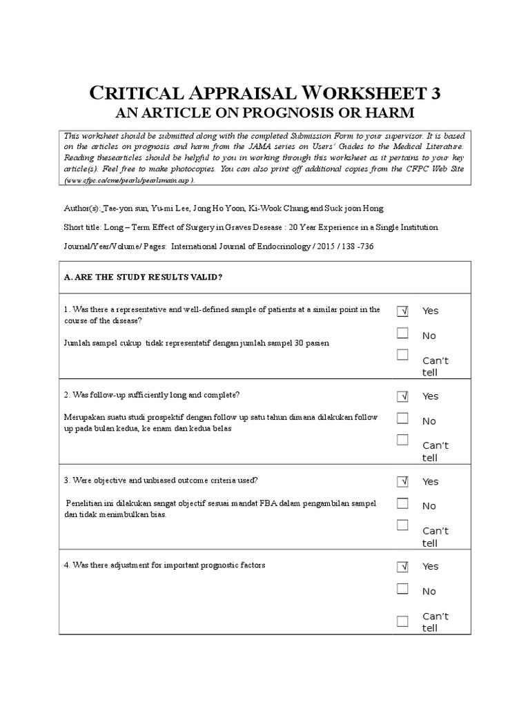 Critical Appraisal Worksheet 3 - Copy | Clinical Medicine | Health Sciences