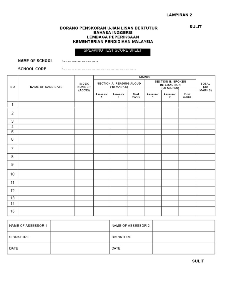 Speaking Sheet Score PT3 | PDF