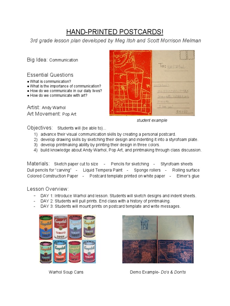 Hand-Printed Postcards!: 3rd Grade Lesson Plan Developed by Meg Itoh ...