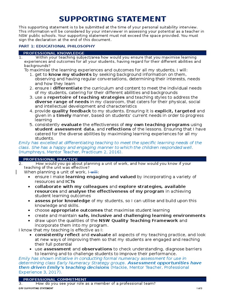 Teacher Suitability Supporting Statement | PDF | Mentorship | Learning