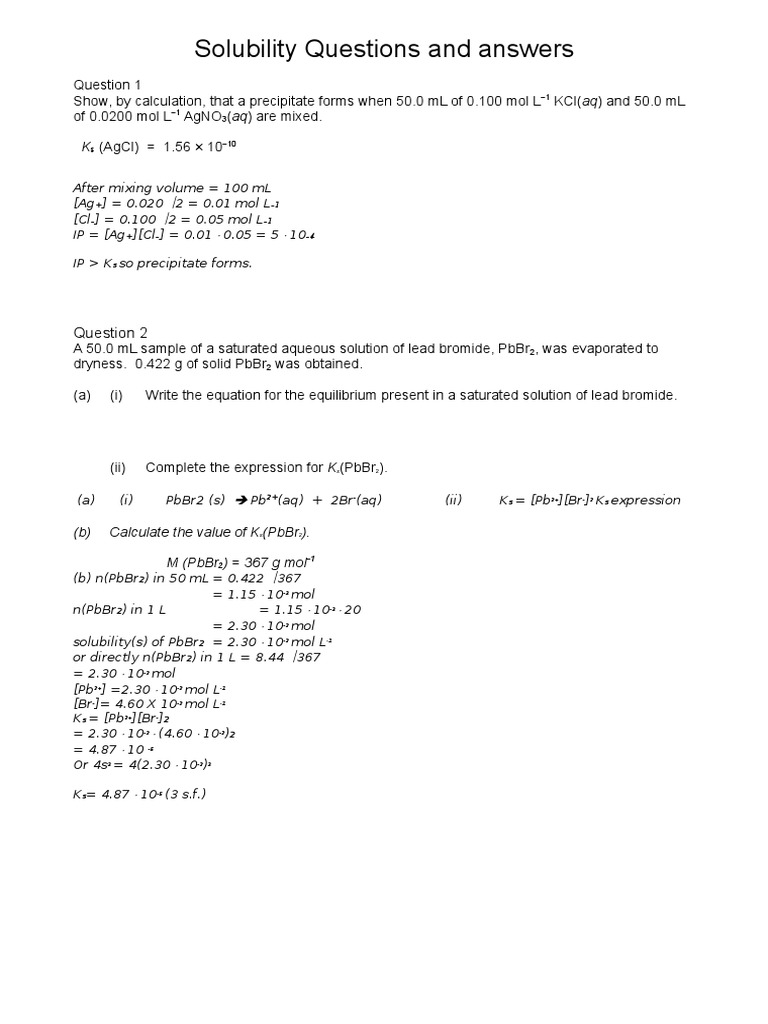Solubility Questions and Answers | PDF | Solubility | Precipitation ...