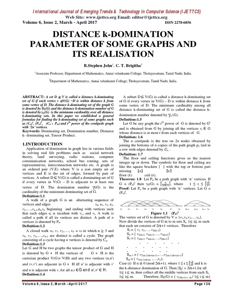 Distance K-Domination Parameter of Some Graphs and Its Realisation | PDF