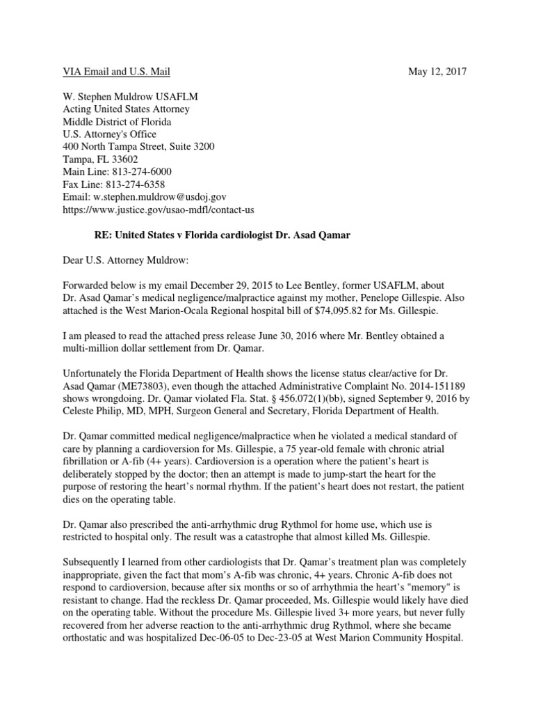 Letter To Stephen Muldrow USAFLM Re Dr. Asad Qamar May-12-2017 | PDF ...