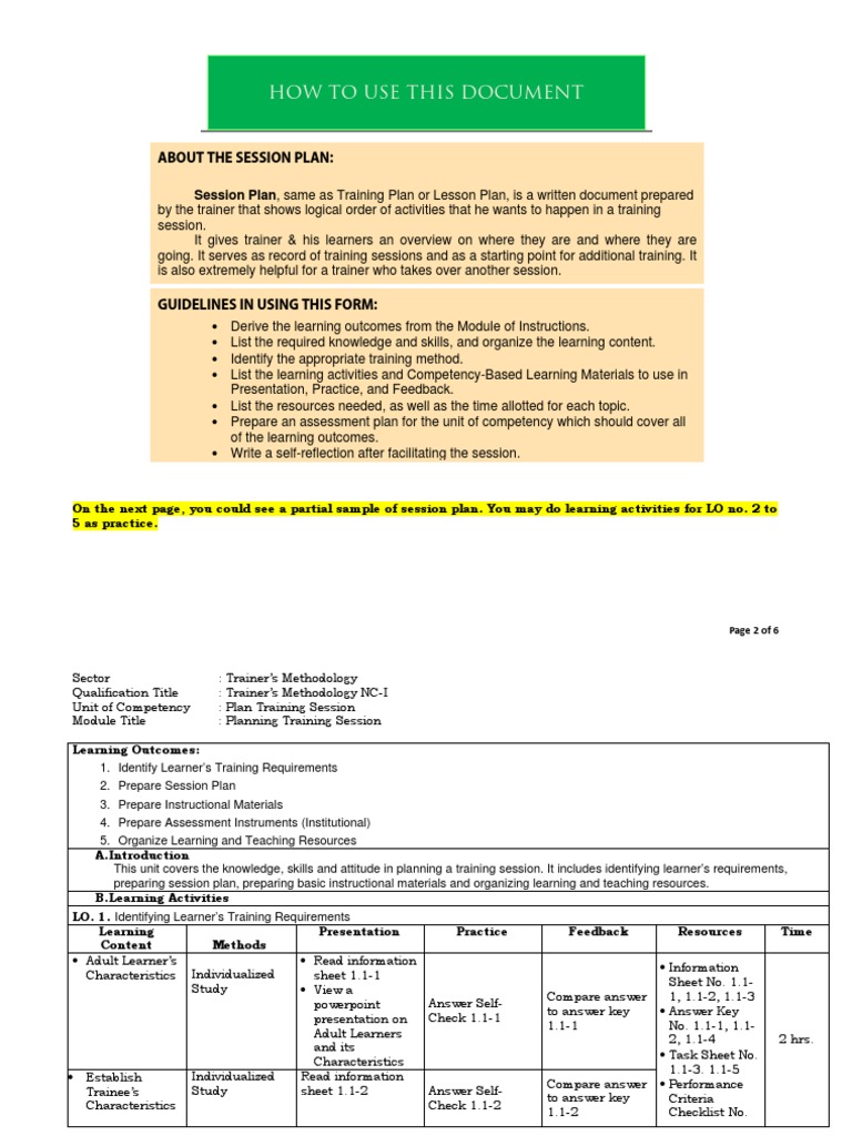 S5 - ASample Session Plan | PDF | Facilitator | Educational Assessment
