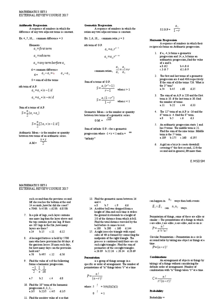 External Review Course 2017: Arithmetic Progression Geometric ...