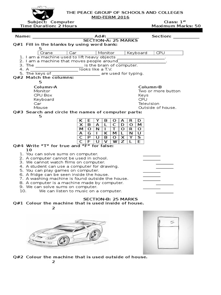 Class 1 Mid Term Paper Computer | PDF | Computer Keyboard | Office ...