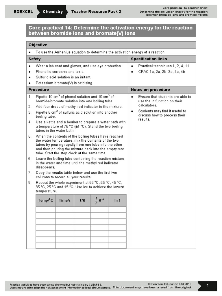 A Level Chemistry Core Practical 14 - Activation Energy | PDF ...