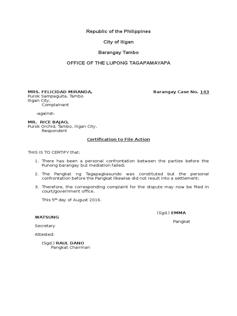 Barangay Certification To File Action | PDF