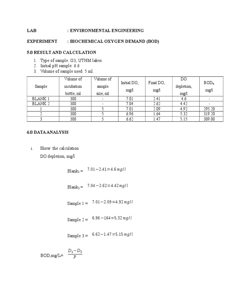 LAB: Environmental Engineering Experiment: Biochemical Oxygen Demand ...
