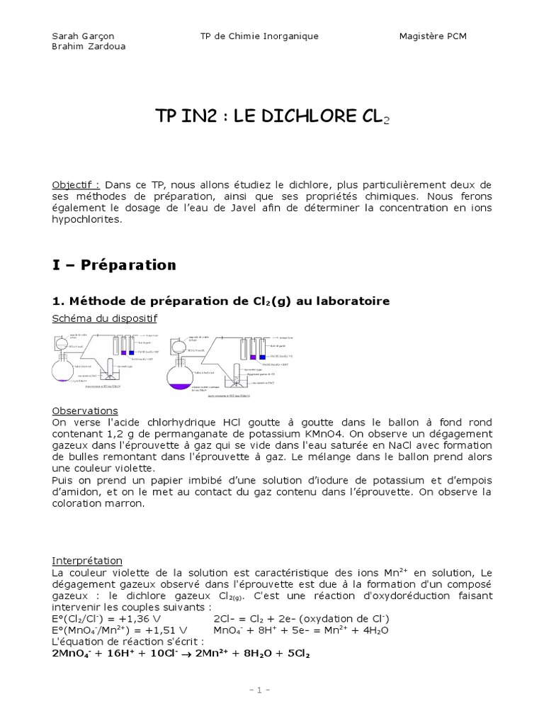 TP Le Dichlore | PDF | Chlore | Réaction d'oxydoréduction