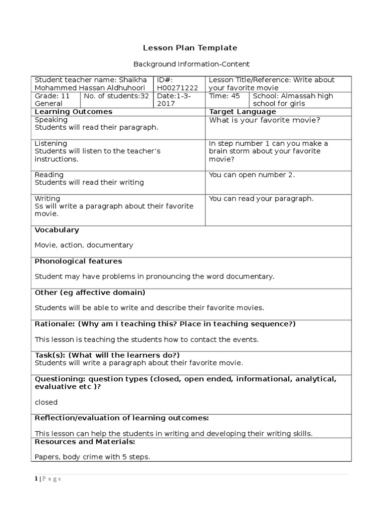 Lesson Plan Template: What Is Your Favorite Movie? | PDF | Lesson Plan ...
