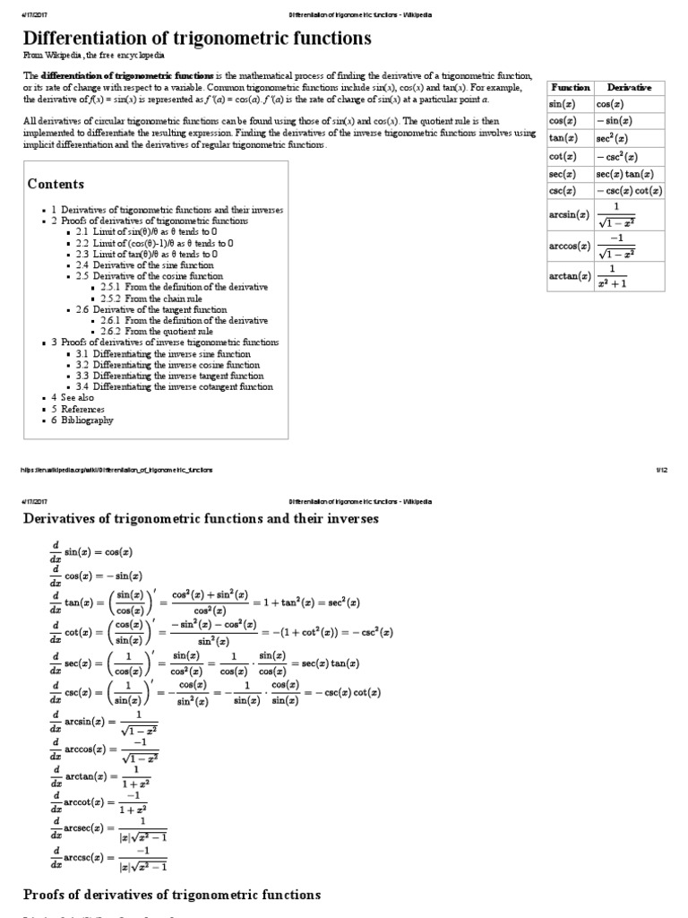 Differentiation of Trigonometric Functions - Wikipedia | PDF ...