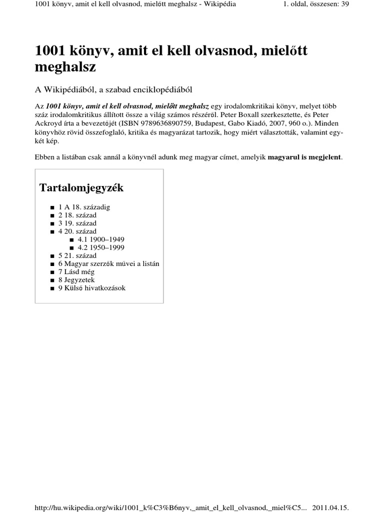 1001 Konyv Amit El Kell Olvasnod 1 PDF | PDF