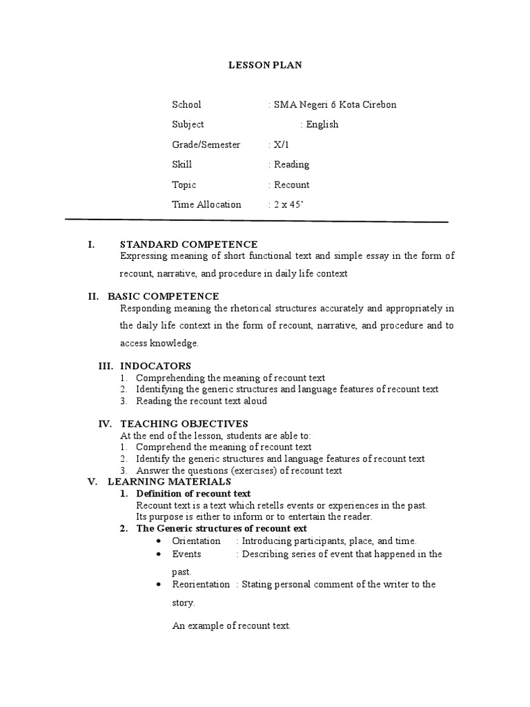 Recount Text Lesson Plan for Grade 10 | PDF | Lesson Plan | Narrative