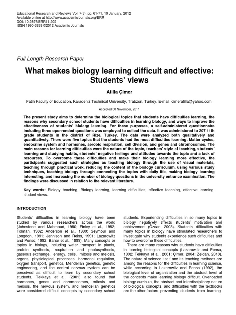 What Makes Biology Learning Difficult and Effective: S Tudents' Views ...