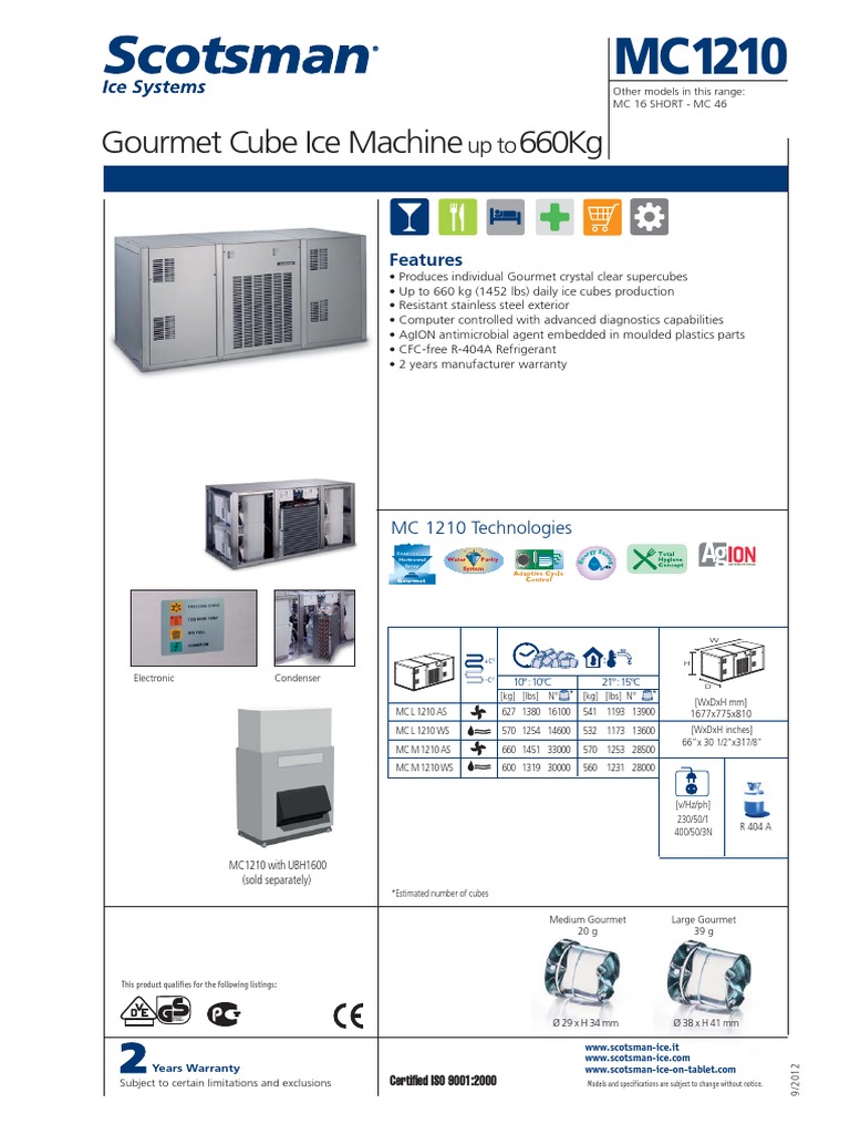 Gourmet Cube Ice Machine up to 660Kg: Technical Specifications and ...