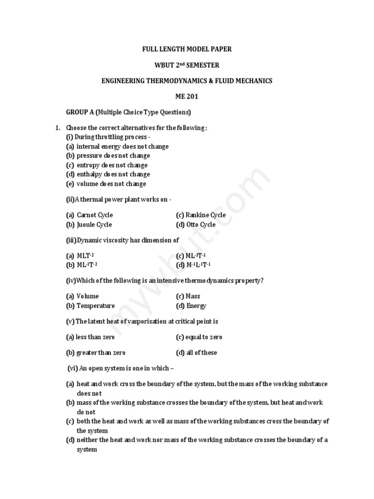 Full Length Model Paper Wbut 2 Semester Engineering Thermodynamics ...