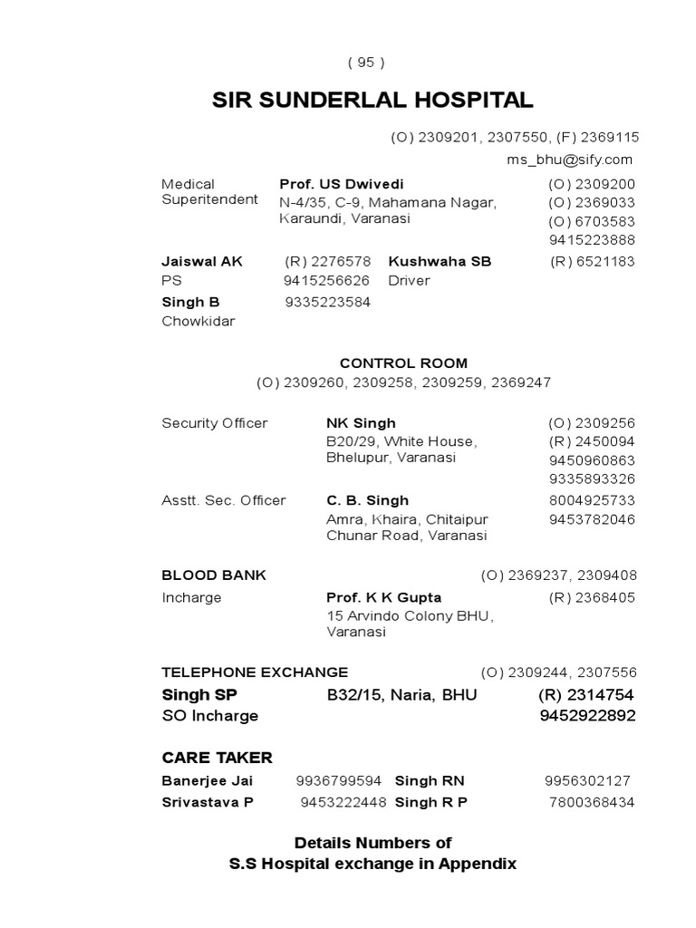 SIR SUNDERLAL HOSPITAL CONTACT LIST | PDF