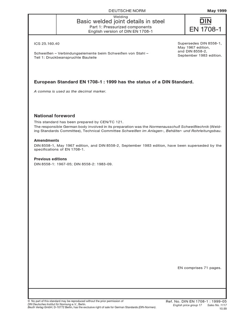 DIN en 1708-1-1999 Welding Basic Welded Joint Details in Steel Part 1 Pressurized Components ...