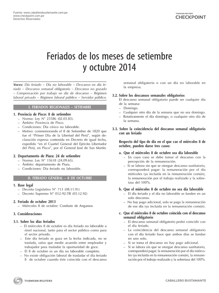 Tratamiento de feriados y días de descanso en setiembre y octubre de 2014 | PDF | Salario ...