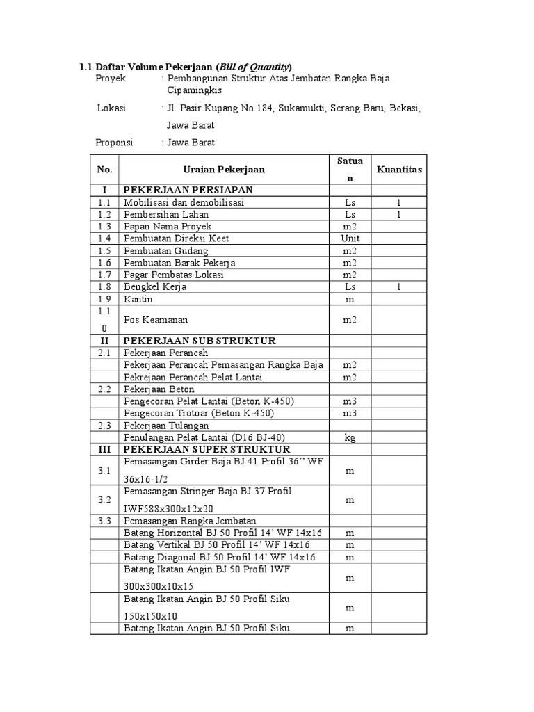 Daftar Volume Pekerjaan Jembatan | PDF