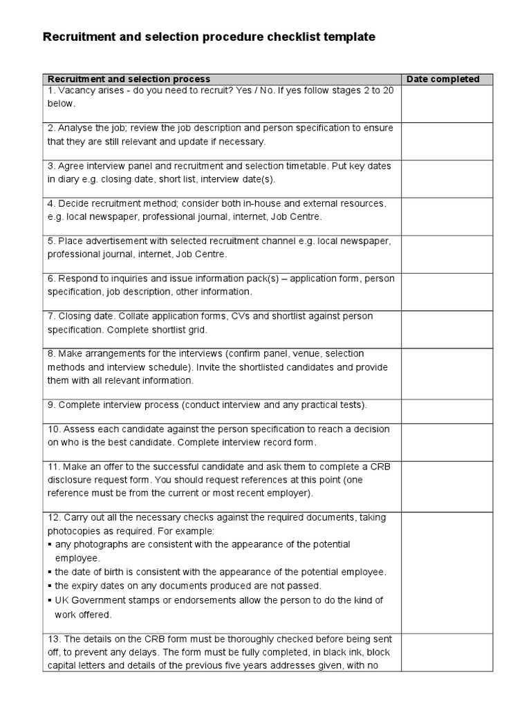 Recruitment and Selection Checklist | PDF | Recruitment | Business