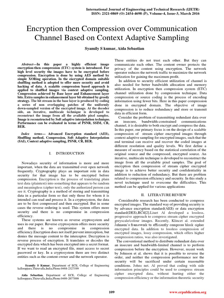 Encryption Then Compression Over Communication Channel Based On Context Adaptive Sampling ...