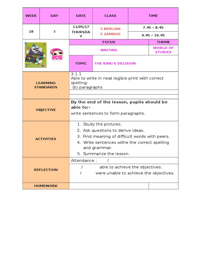 By The End of The Lesson, Pupils Should Be Able To:-: Week DAY Date ...