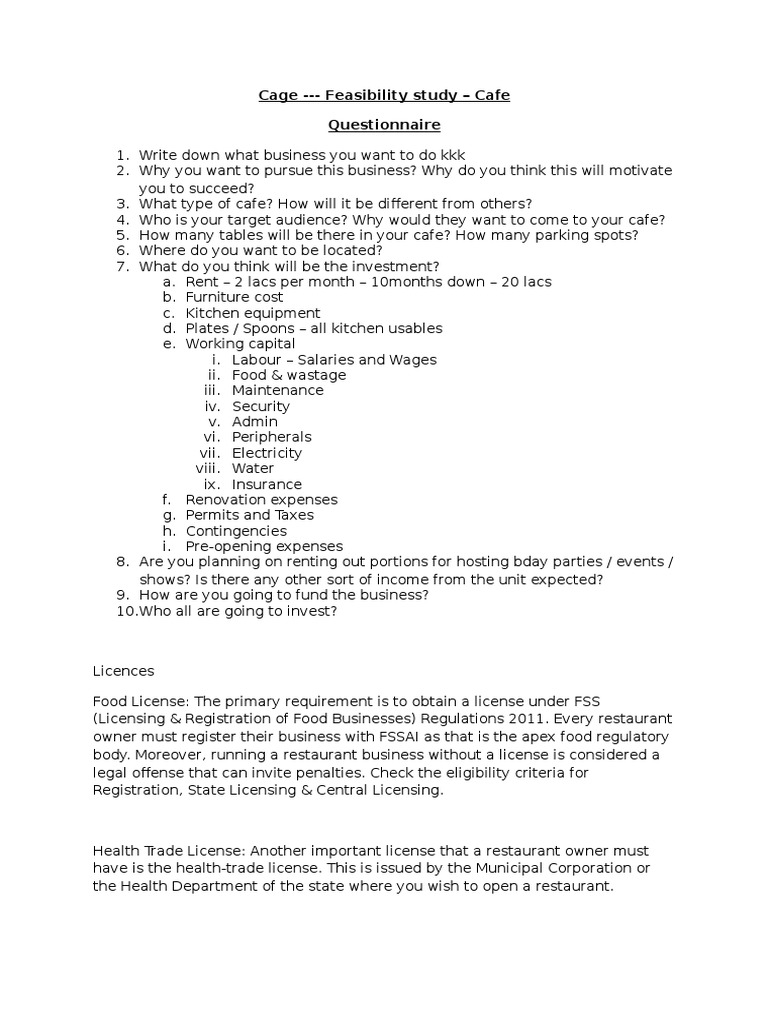 Cage - Feasibility Study - Cafe Questionnaire | PDF | Insurance | Safety