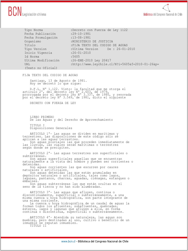 Fija el texto del Código de Aguas de Chile, estableciendo las ...
